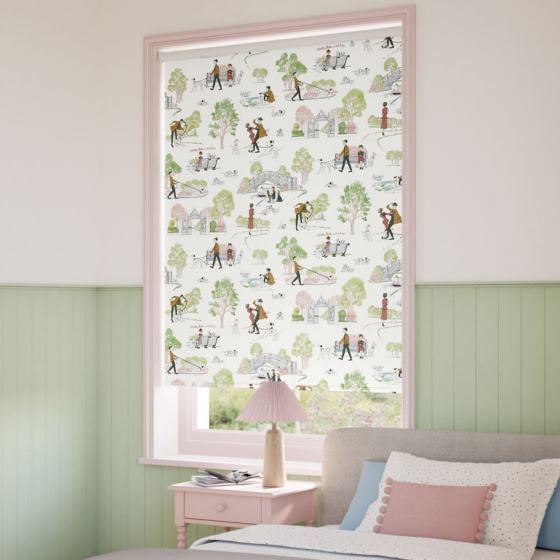 101 Dalmatians Blackout Soft Green Rose Roller Blind