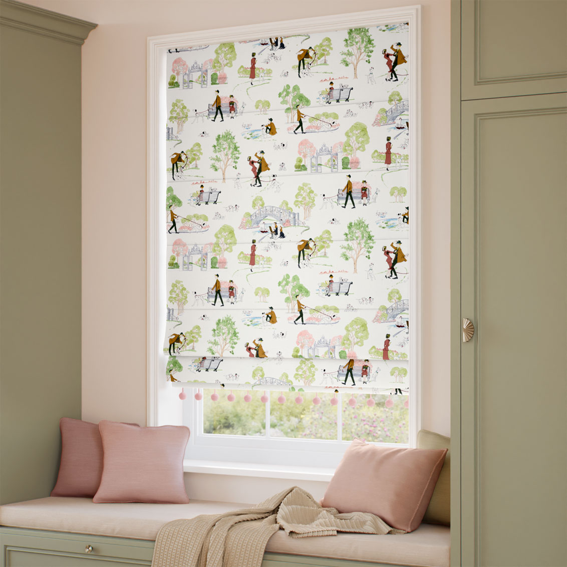 101 Dalmatians Soft Green Rose & Blossom Roman Blind