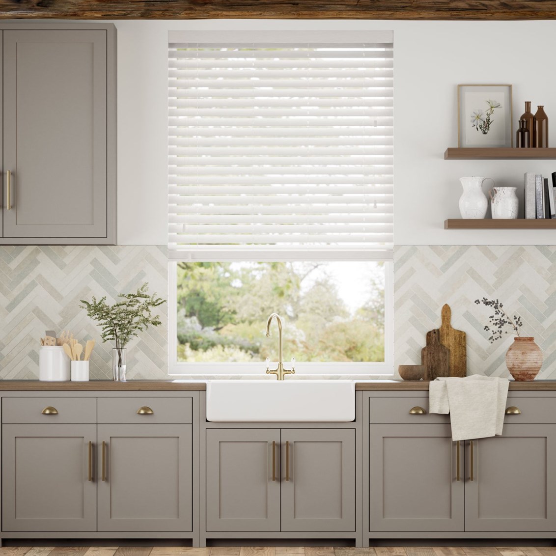 Click2Go Ice White Faux Wood Blind - 50mm Slat