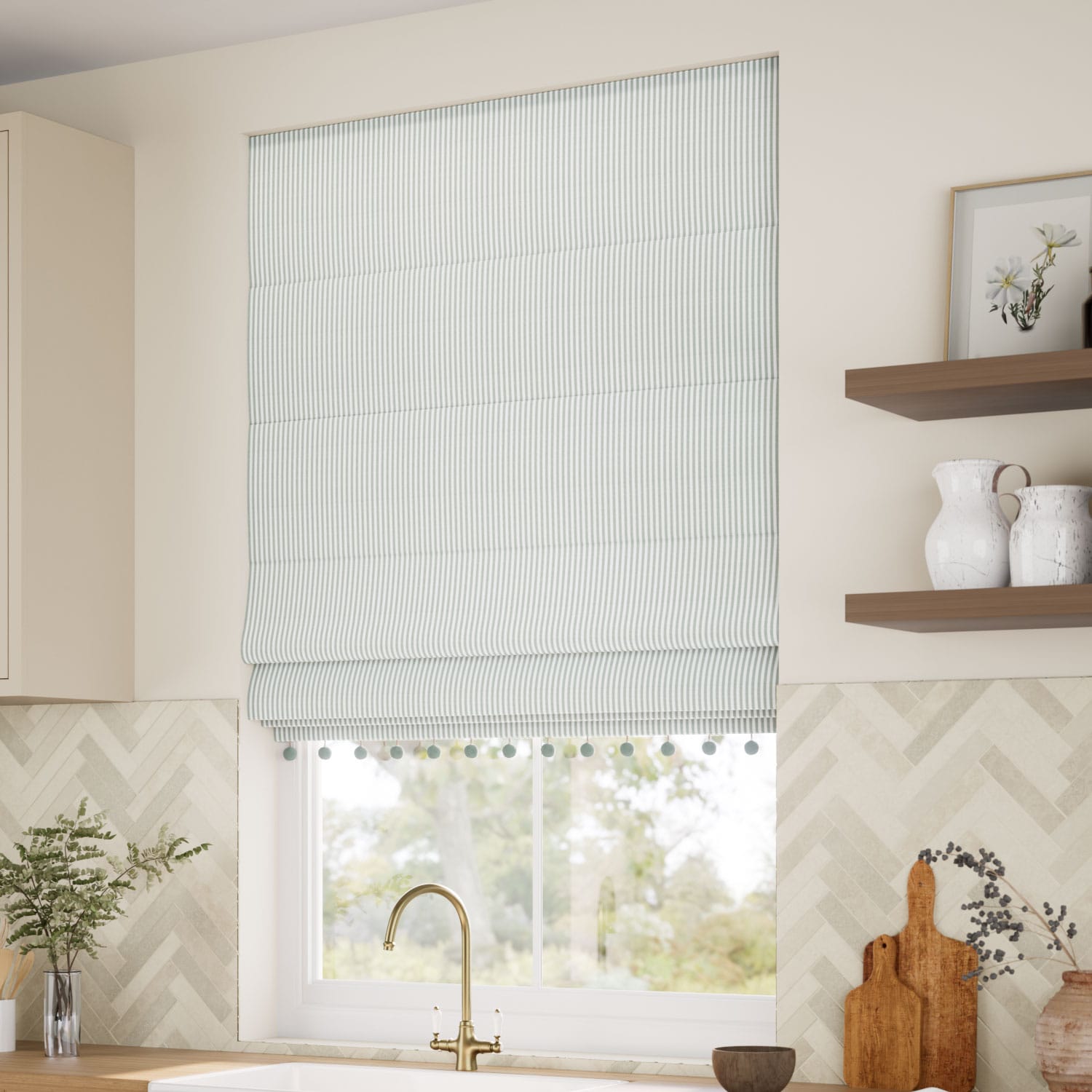 Devon Stripe Dove & Ocean Trimmed Roman Blind
