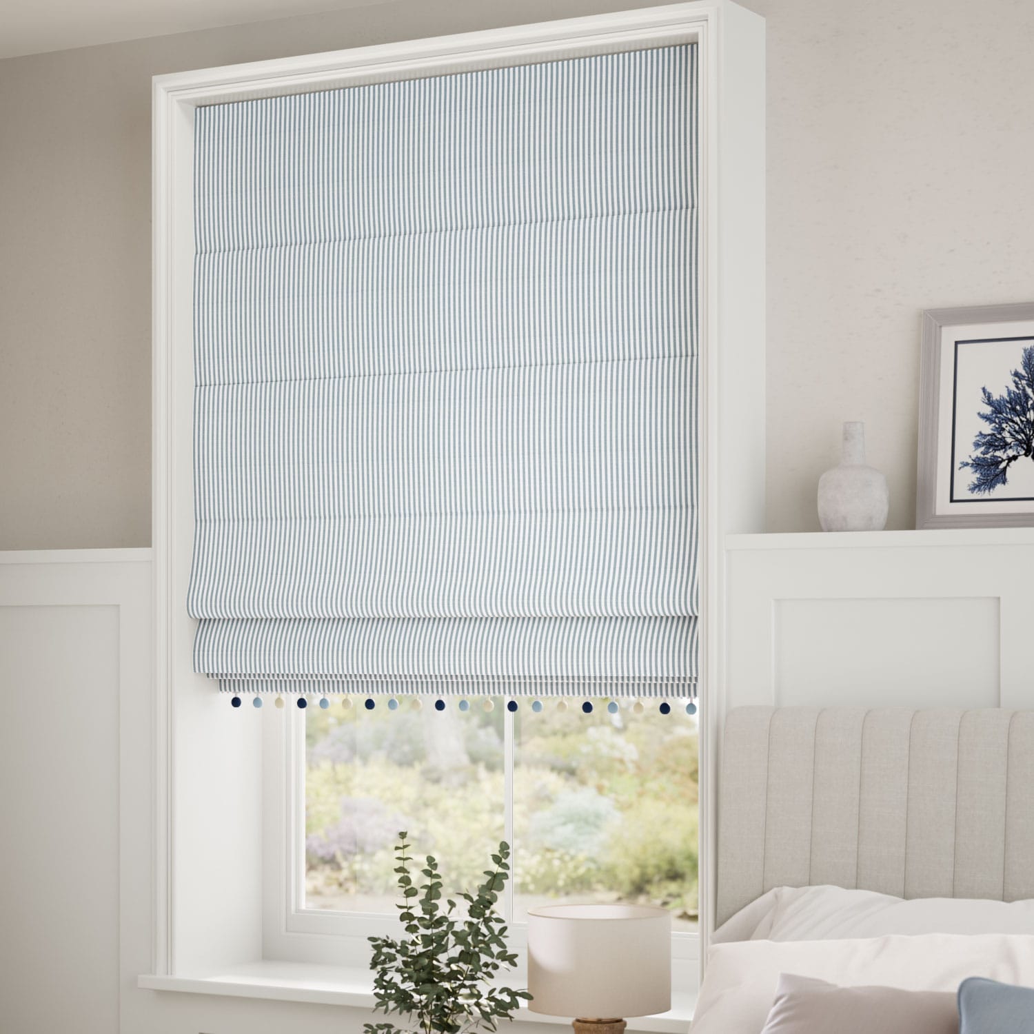 Devon Stripe Ocean Blue & Henley Trimmed Roman Blind