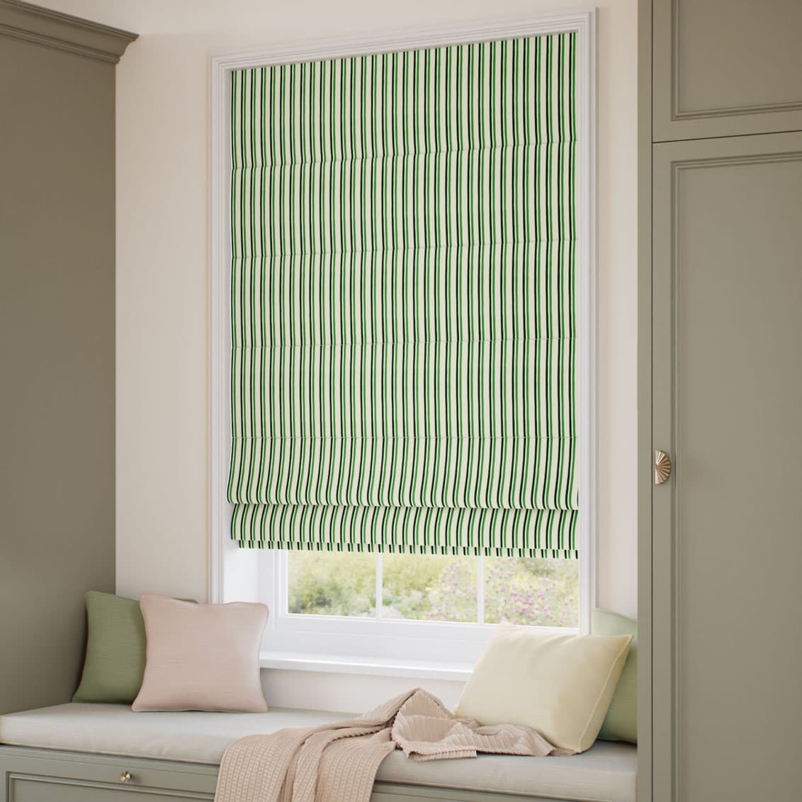 Hand Painted Stripes Hawthorn & Dark Green Roman Blind