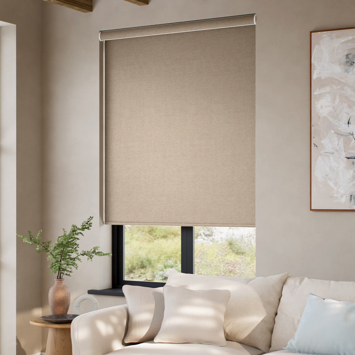 Soft Raise Thermal Luxe Dimout Biscuit Roller Blind