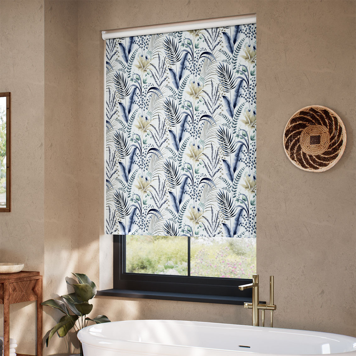Splash Blackout Inky Botanical Blue Stone Roller Blind