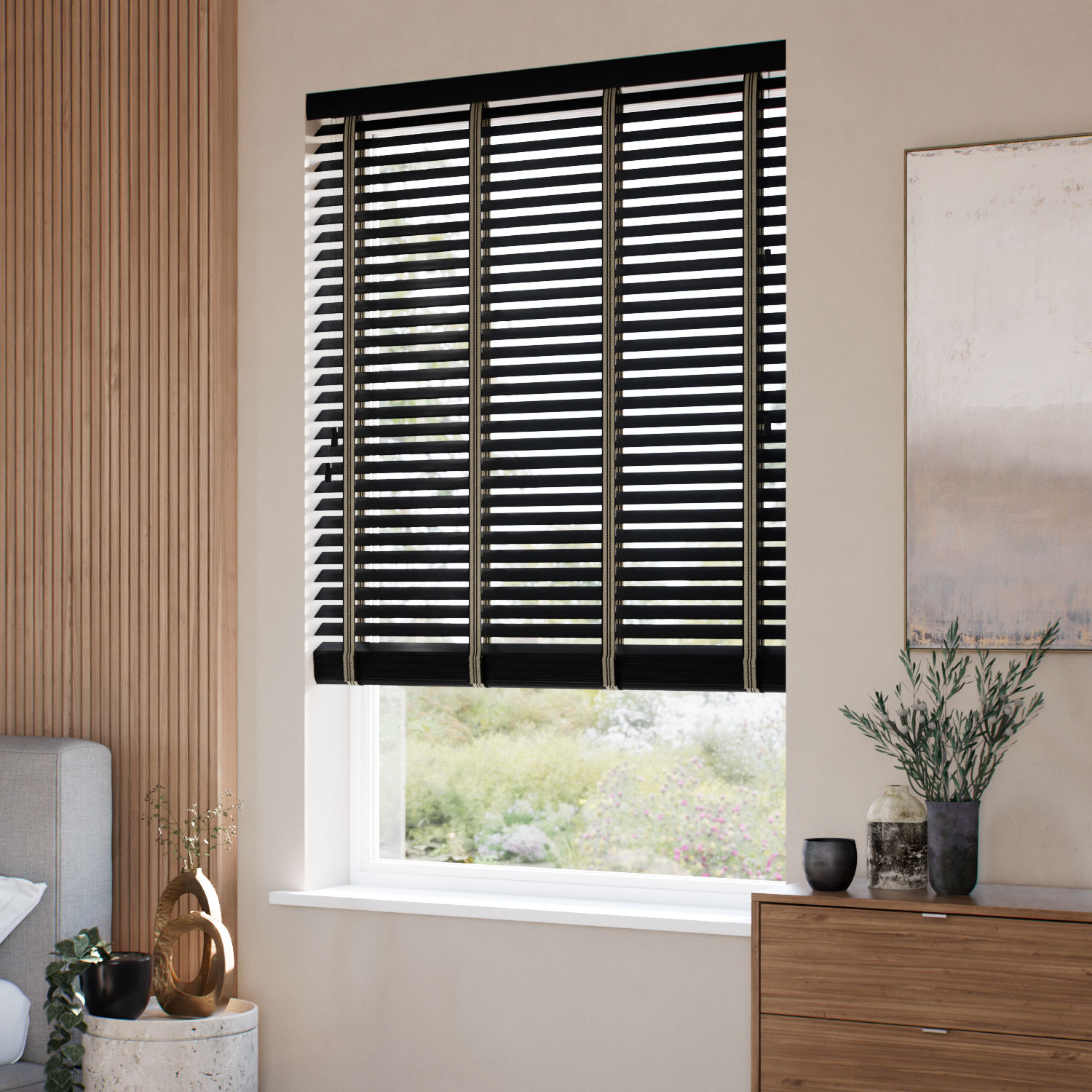 Dark Storm & Tapestry Sand Wooden Blind - 50mm Slat