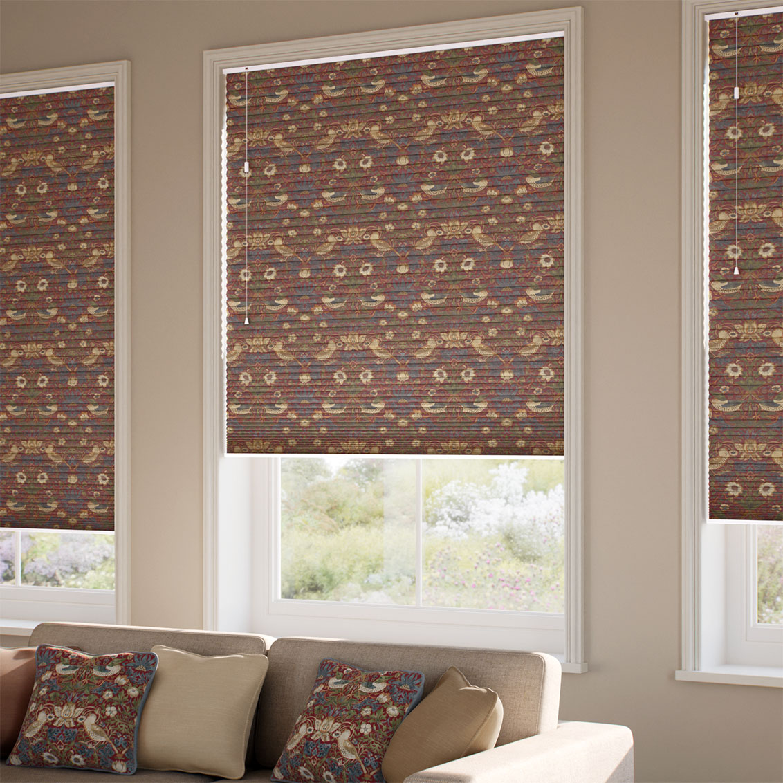 William Morris DuoShade Strawberry Thief Harissa Red Thermal Blind