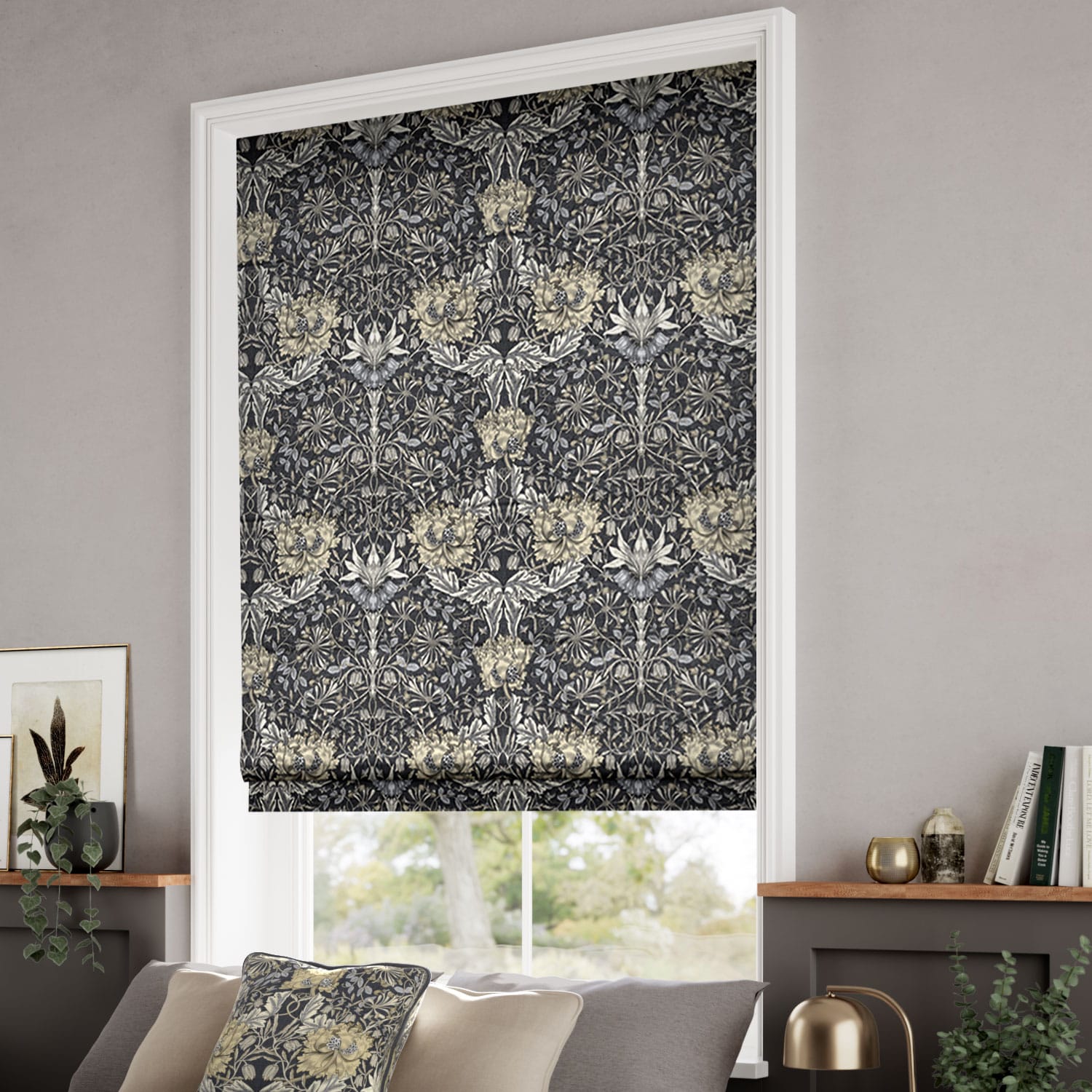 William Morris Honeysuckle & Tulip Velvet Gunmetal Roman Blind