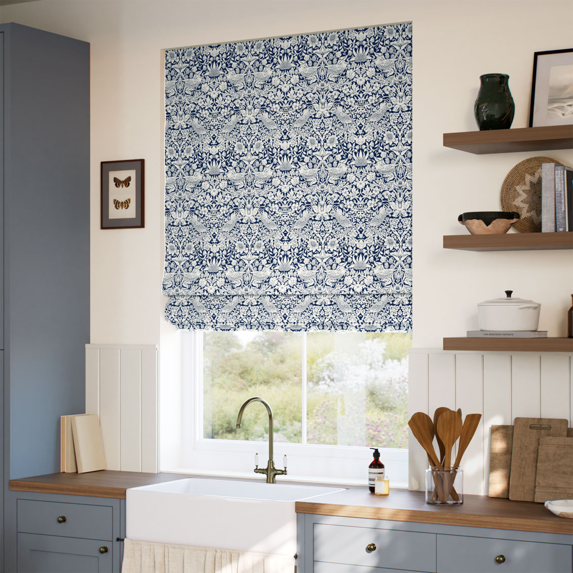 William Morris Strawberry Thief Navy Roman Blind