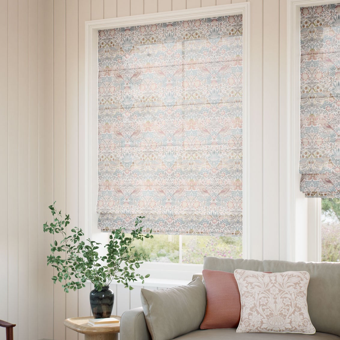 William Morris Strawberry Thief Voile Rose Chalk Roman Blind