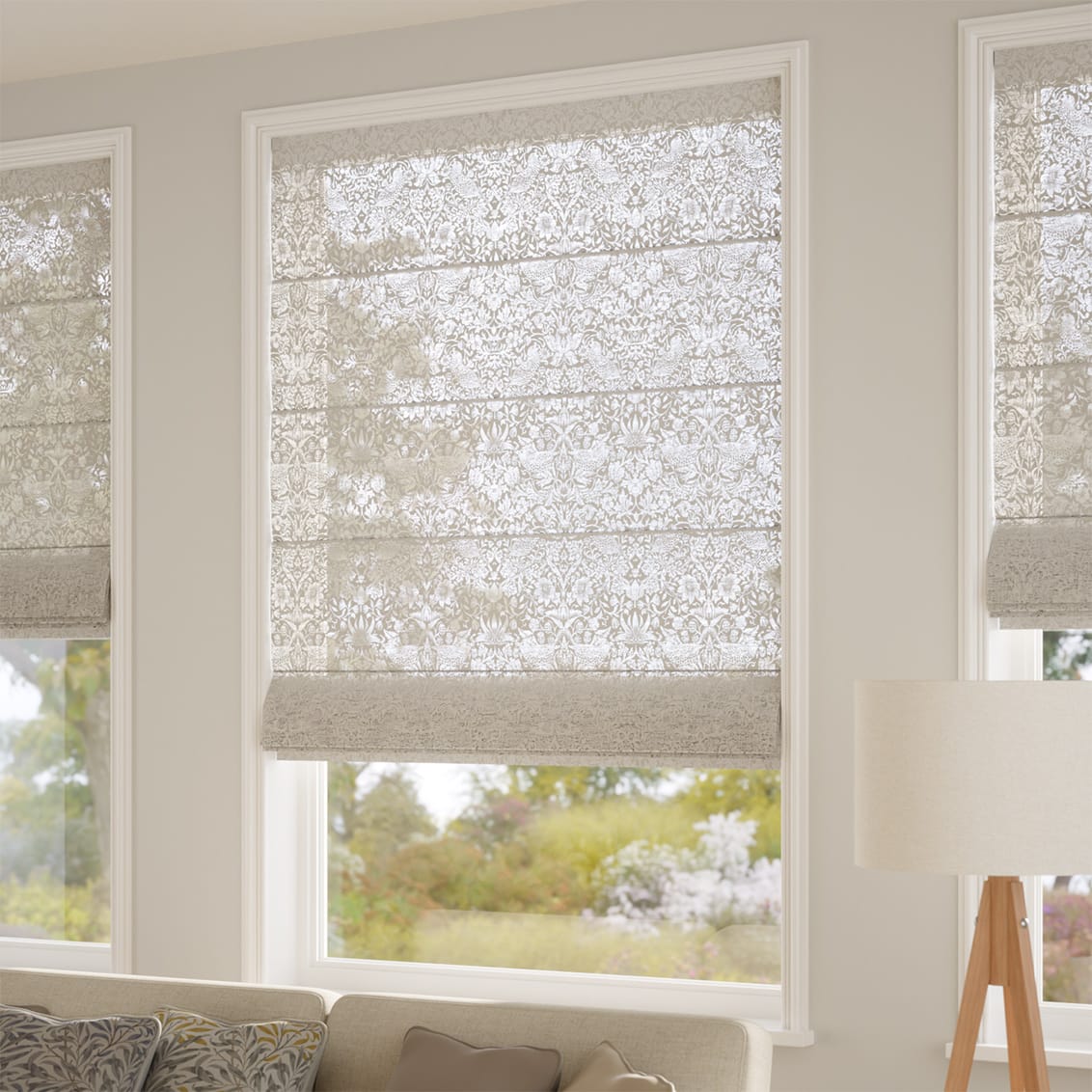 William Morris Strawberry Thief Voile Stone Roman Blind