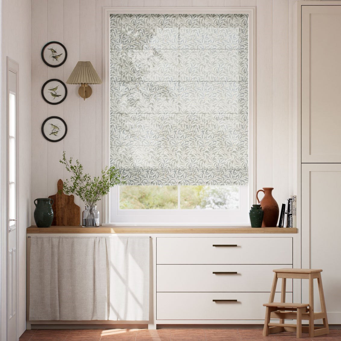 William Morris Willow Bough Voile Mink Roman Blind