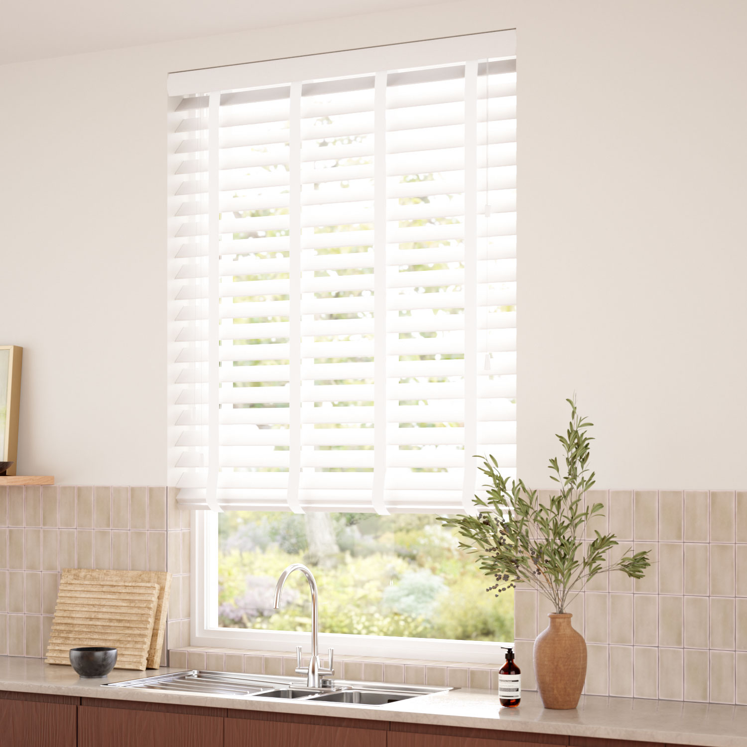 Brilliant White & Fresh White Faux Wood Blind - 64mm Slat